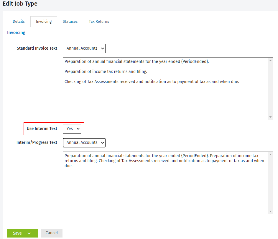 Use interim/progress text for invoices