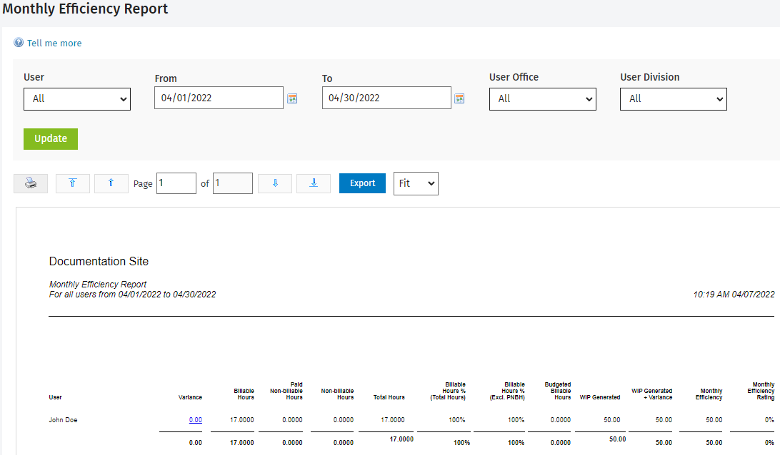 Monthly Efficiency report